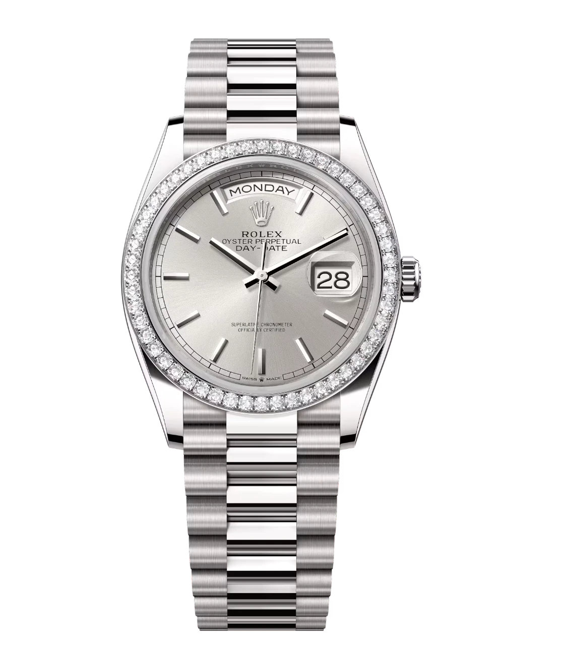 Rolex Day-Date 36 Oyster Perpetual 18 ct white gold silver dial diamond ...