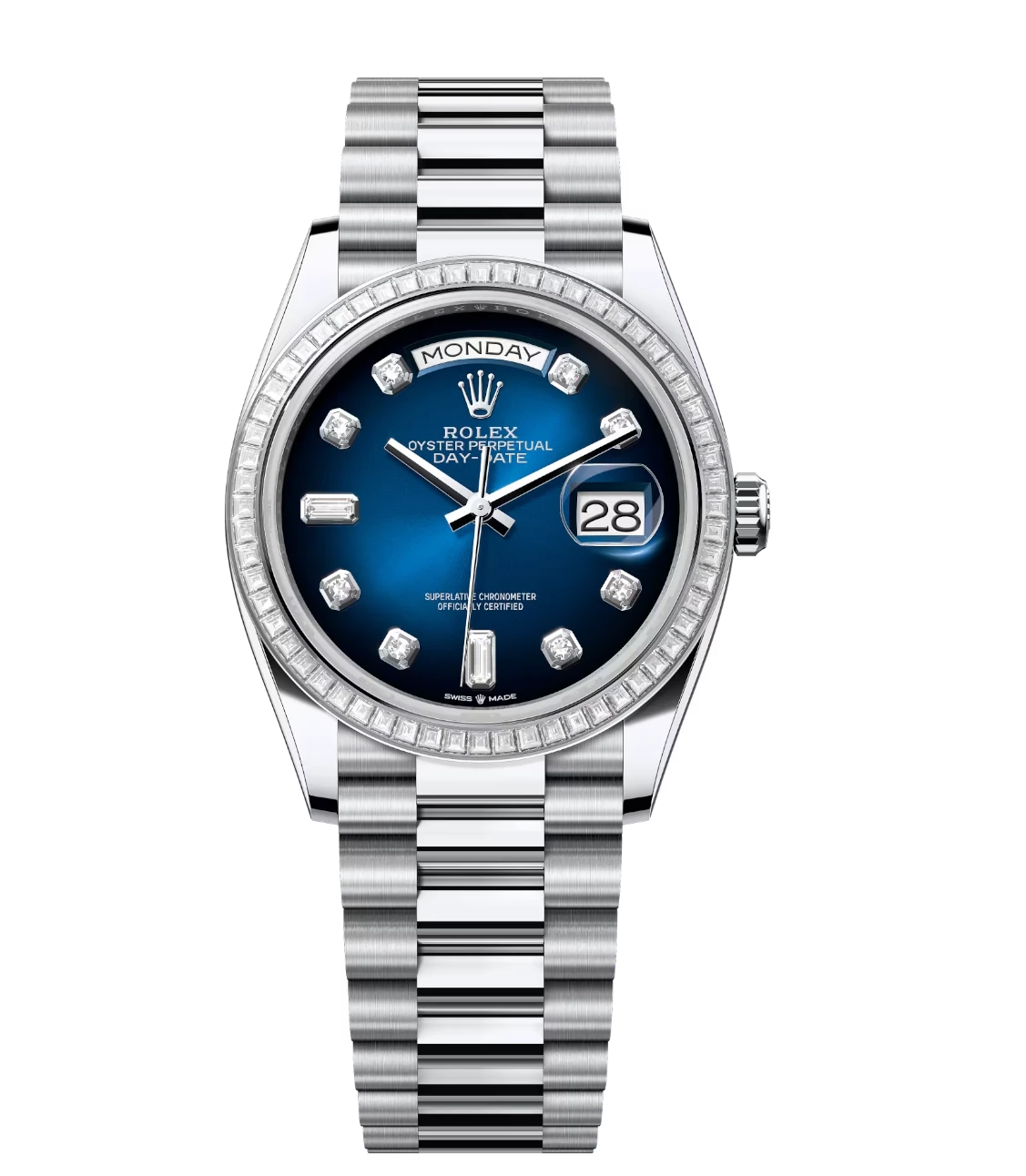 Rolex Day-Date 36 Oyster Perpetual platinum blue ombré, diamond-set ...